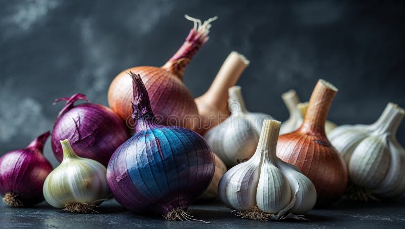 Fresh Colorful Onions Garlic Bulbs Dark Background Stock Photos - Free ...