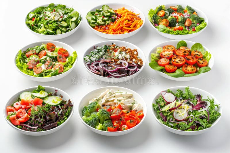 Fresh and Colorful Salads in White Bowls, Perfect for Menu Design Stock ...