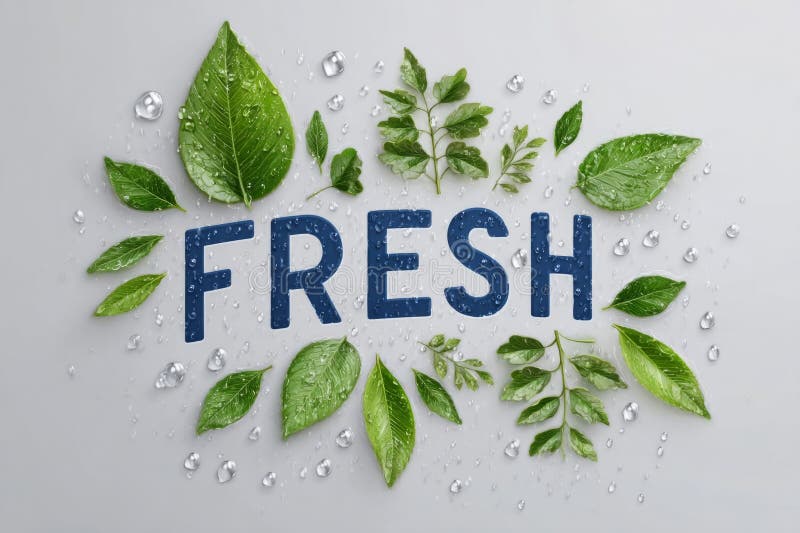 FRESH Combined with Natural Leaves, Water Splashes Stock Image - Image of text, water: 383268495