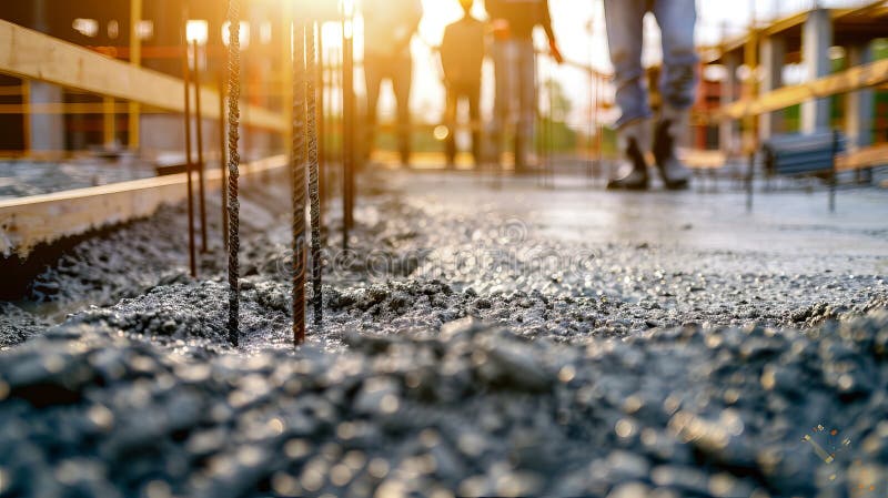 Fresh Concrete Being Poured at a Construction Site with Rebar Stakes ...