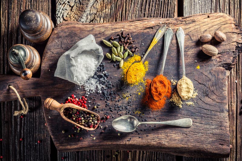 Fresh Condiments on Old Table Stock Photo - Image of cardamom ...