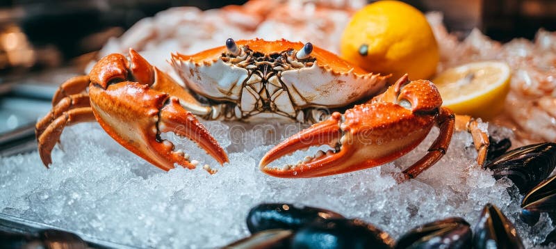 Fresh Cooked Crab, Shellfish Display on Ice with Lemon Wedges for ...