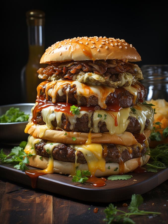 Gigantic Triple Cheeseburger with All the Fixings. Generative AI Stock ...