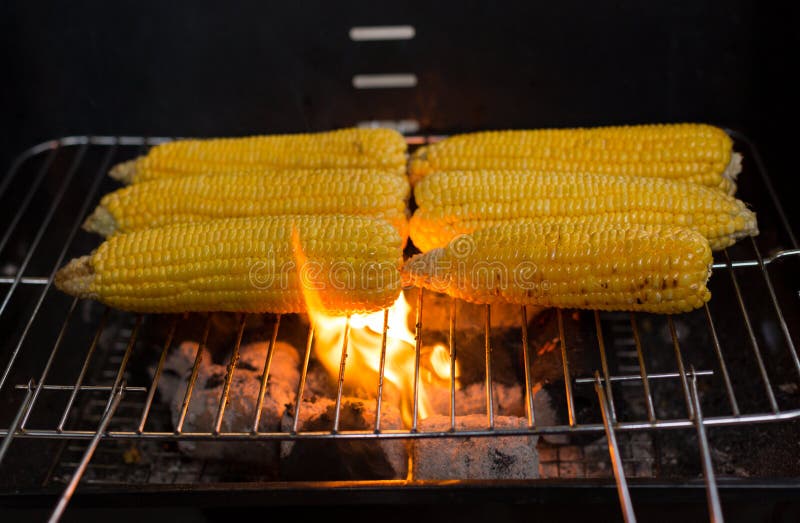 Fresh Corn on the Cob Barbecue Sizzling on Charcoal Stock Photo - Image ...