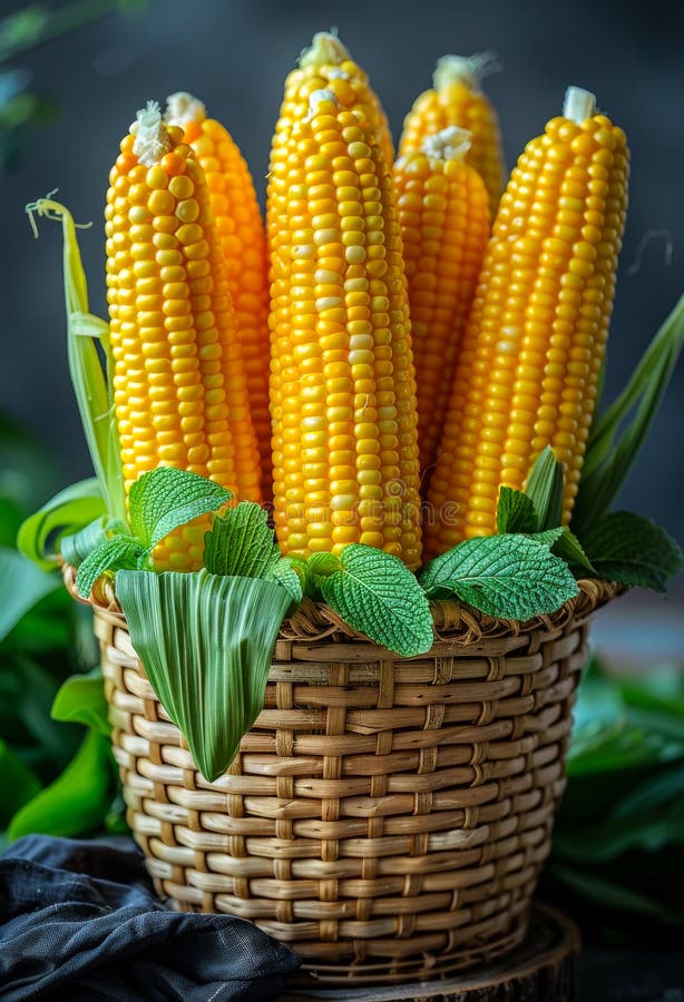 Fresh Corn Cob Basket with Mint. a Wicker Basket Filled with Fresh Corn ...