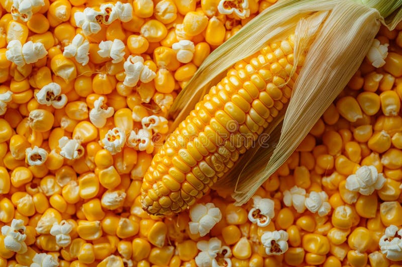 Fresh Corn Cob Lying on a Surface of Popcorn and Corn Grains, Creating ...