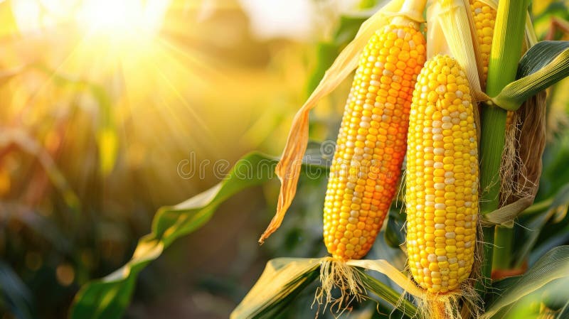 Fresh Corn Cobs In A Cornfield Agriculture And Farming Concept Stock Illustration