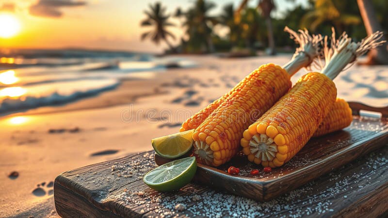 Fresh Corn Displayed on Sandy Beach at Sunset Stock Photo - Image of ...
