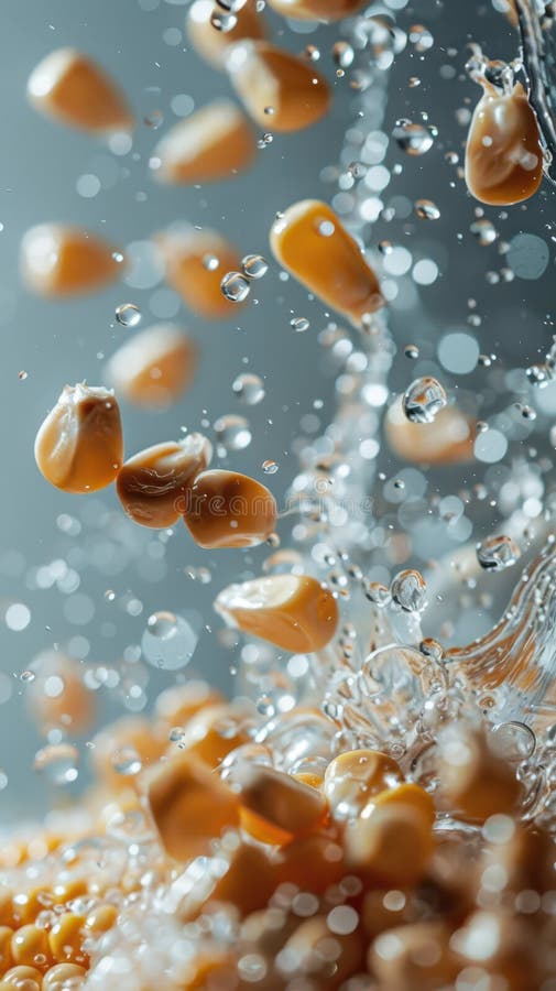 Fresh Corn Kernels Drop into Water, Creating Bubbles and Droplets ...