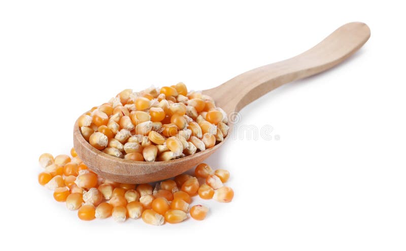 Fresh Corn Kernels in Wooden Spoon Isolated on White Stock Image ...