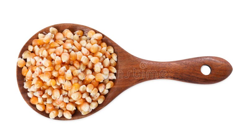 Fresh Corn Kernels in Wooden Spoon Isolated on White, Top View Stock ...