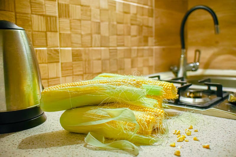 Fresh Corn in the Kitchen. Corncob Stock Photo - Image of fresh, cereal ...