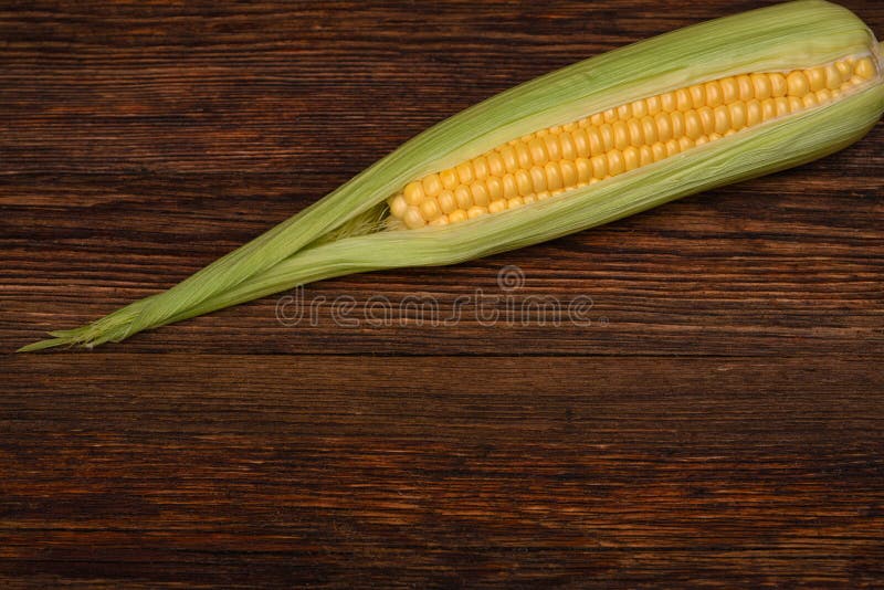 Fresh Corn Maize on the Wooden Table Closeup, Top View Stock Image ...