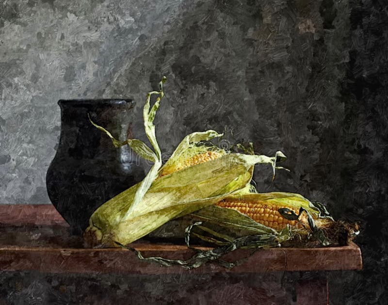 Fresh Corn On A Rustic Table. Rustic Still-life. Painting Wet ...