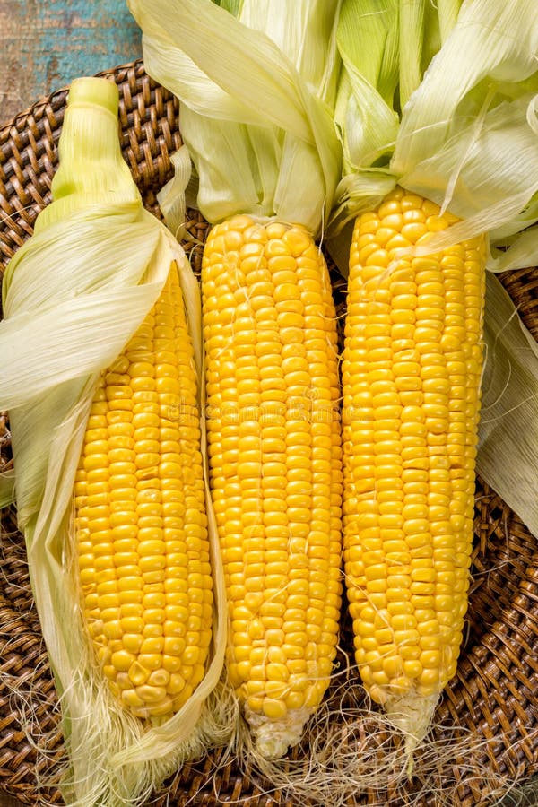 Fresh Corn on Rustic Wooden Table, Closeup Stock Photo - Image of ...