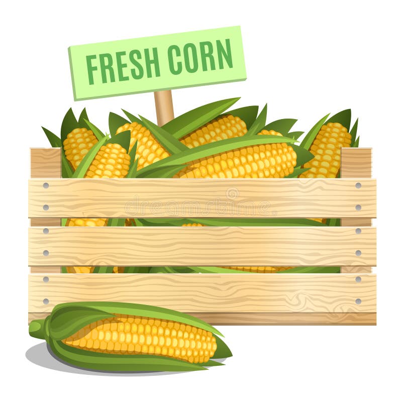 Fresh Corn in a Wooden Box on a White Background. Vector Icon. Stock ...