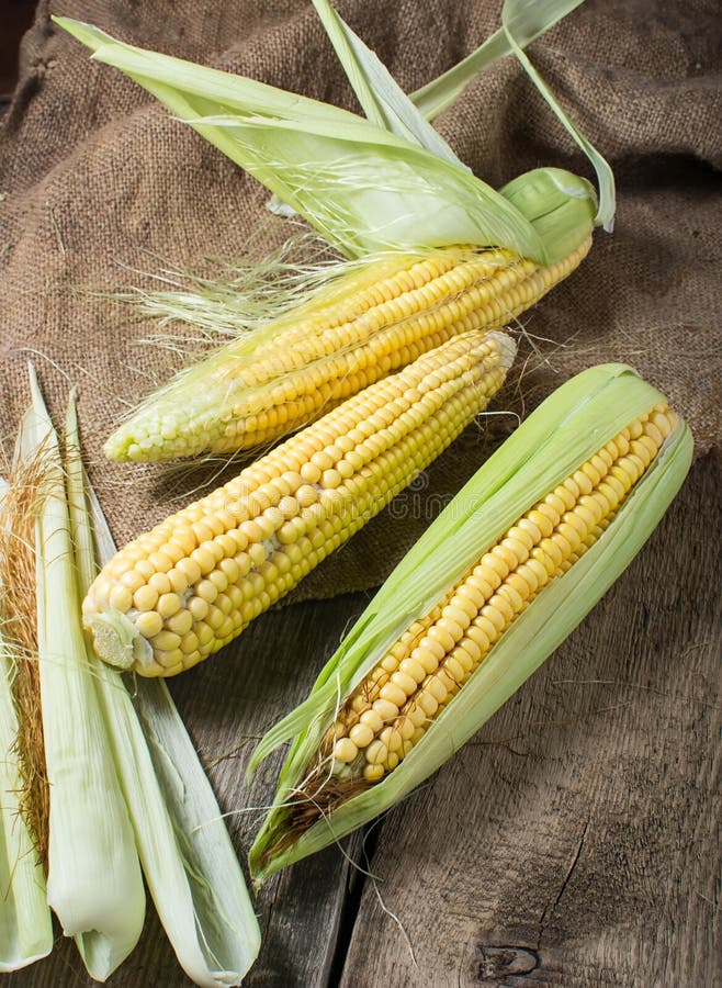 Fresh corn on wooden table stock photo. Image of sweetcorn - 44609332