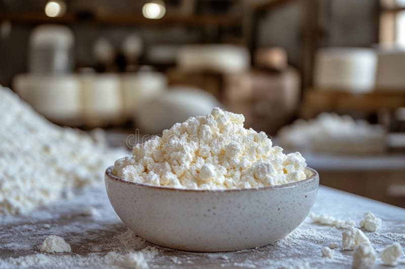 Fresh Cottage Cheese in Bowl on Table in Cheesemaking Factory with ...