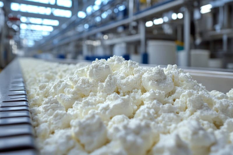 Fresh Cottage Cheese Moving Conveyor Belt Dairy Processing Plant Stock ...
