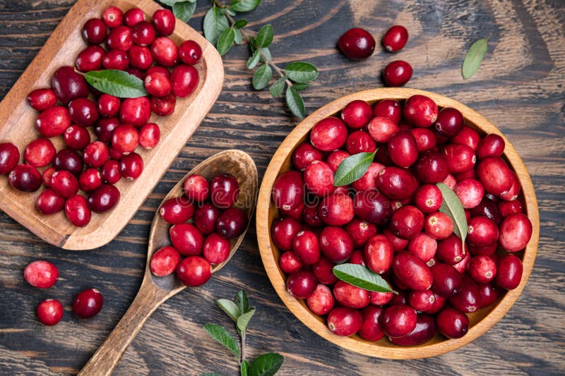 Fresh Cranberries in a Wooden Bowl with Spoon on Dark Wooden Table ...