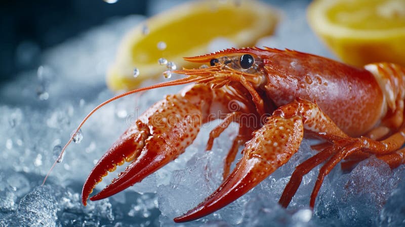 Fresh Crayfish Placed on Ice with Lemon Slices in a Culinary ...