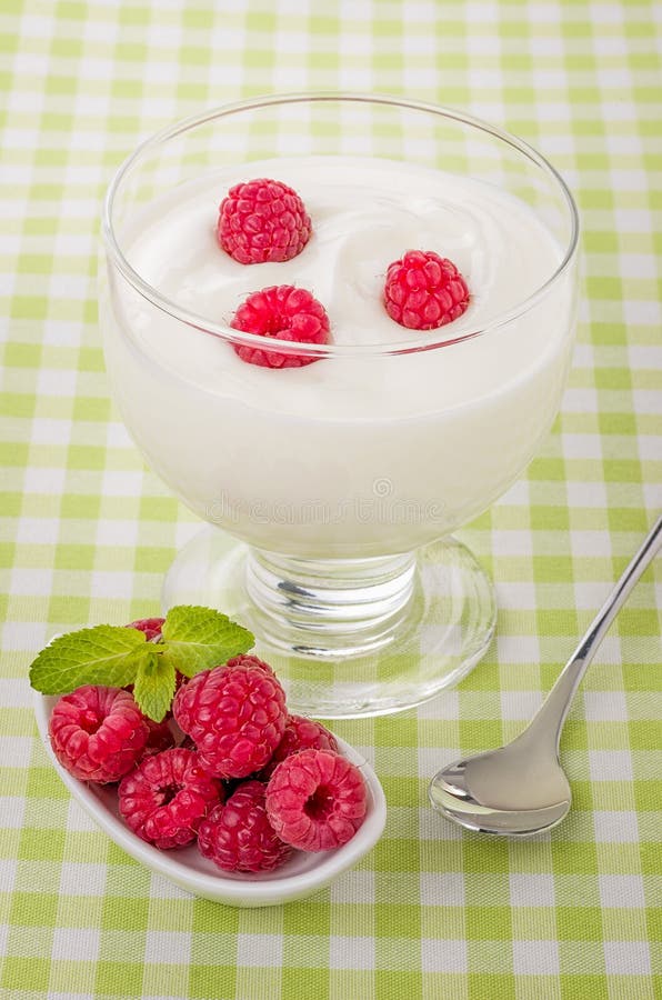 Fresh Creamy Natural Yogurt with Raspberries Stock Image - Image of ...