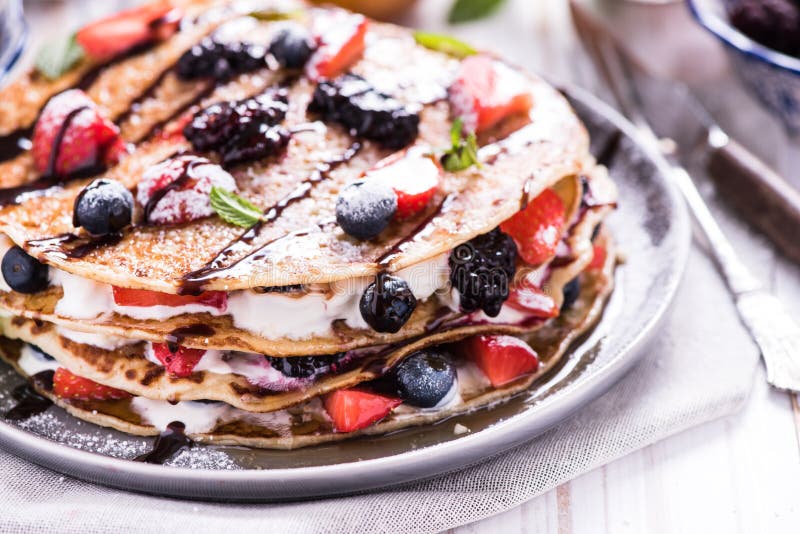 Fresh Crepes with Fruits and Chocolate Stock Image - Image of breakfast ...