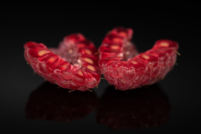 Fresh Crimson Raspberry Isolated on Black Glass Stock Photo - Image of ...