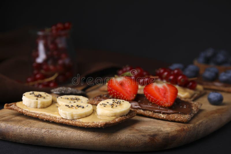 Fresh Crunchy Rye Crispbreads Different Toppings Black Table Closeup ...