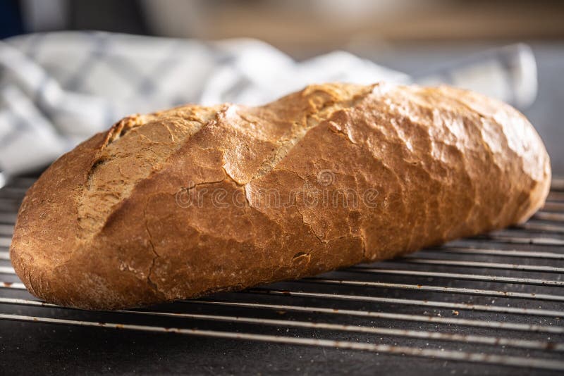 Fresh Crusty Bread Loaf Placed on a Metal Grid in the Kitchen Stock ...