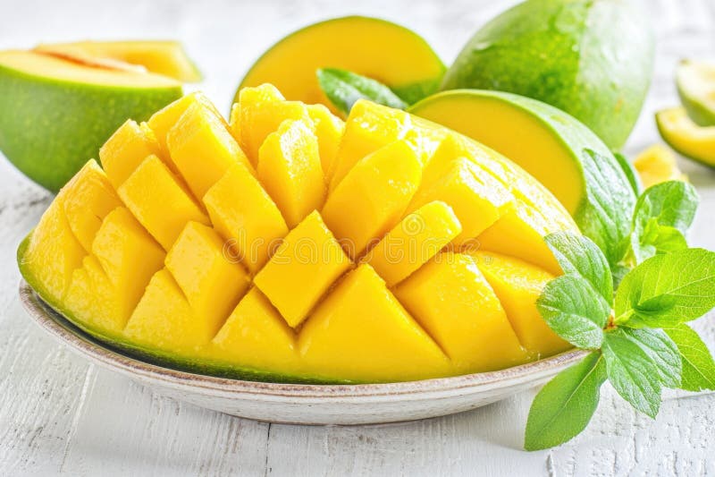Fresh Cubed Mango on a Plate with Whole and Sliced Mangoes in ...