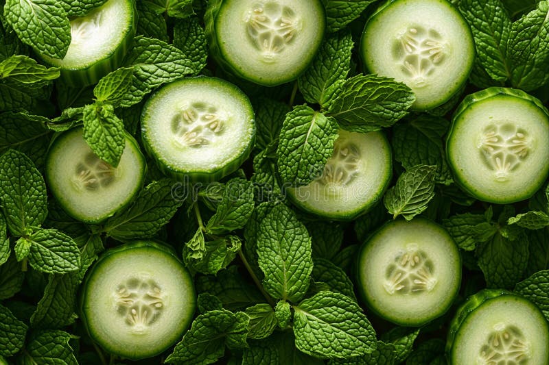 Fresh Cucumber and Mint Leaves Creating a Refreshing Green Background ...