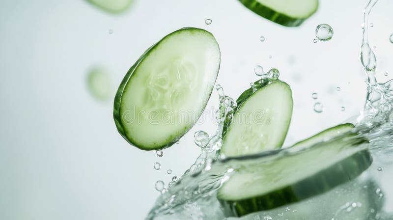Fresh Cucumber Slices Splash into Clear Water Creating Dynamic Motion ...