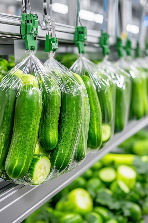 Fresh Cucumbers are Being Systematically Wrapped in Plastic on an ...