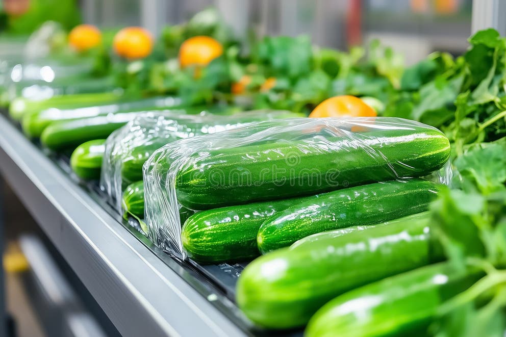 Fresh Cucumbers are Being Wrapped in Plastic on an Automated Line ...