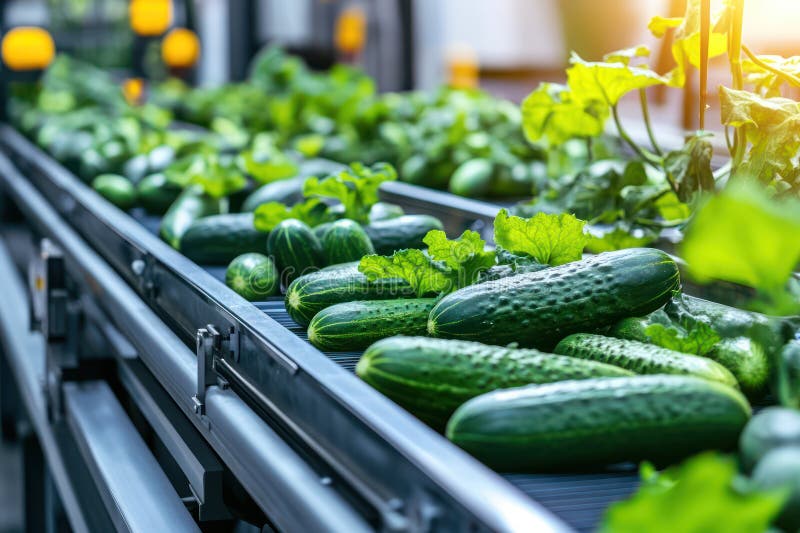 Fresh Cucumbers on Conveyor at Vegetable Processing Plant Stock Photo ...