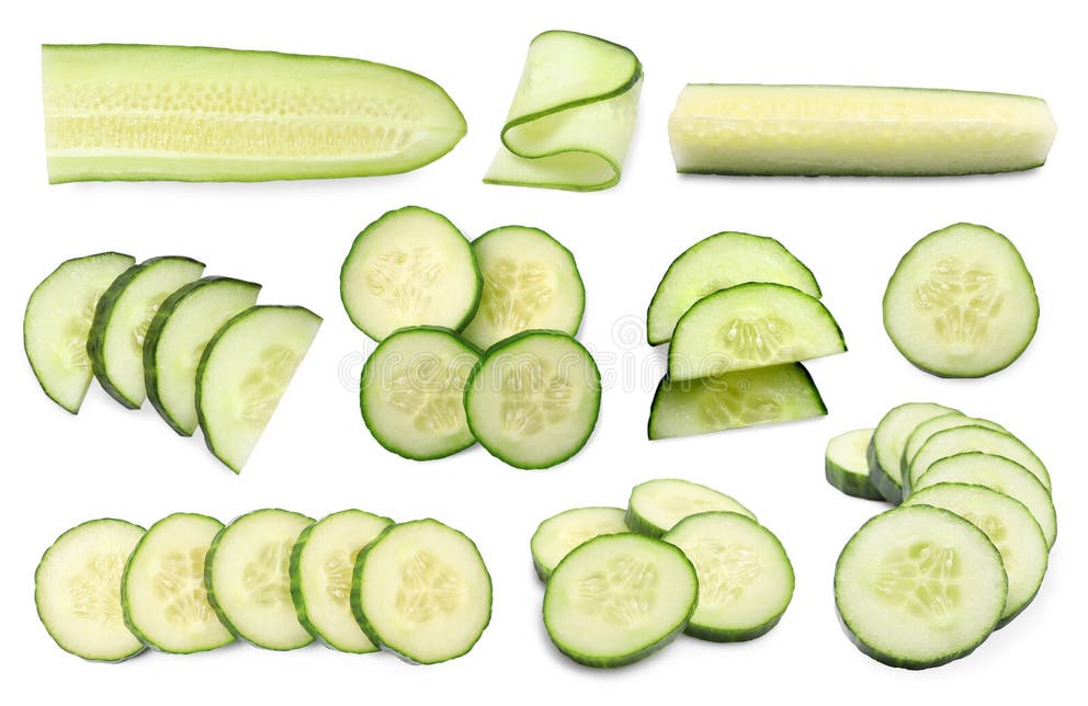 Fresh Cucumbers Isolated on White, Collage. Different Types of Cuts ...