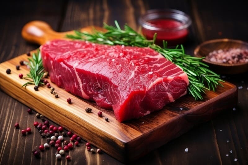 Fresh Cut Beef Steak with Herbs and Spices on a Wooden Cutting Board in ...