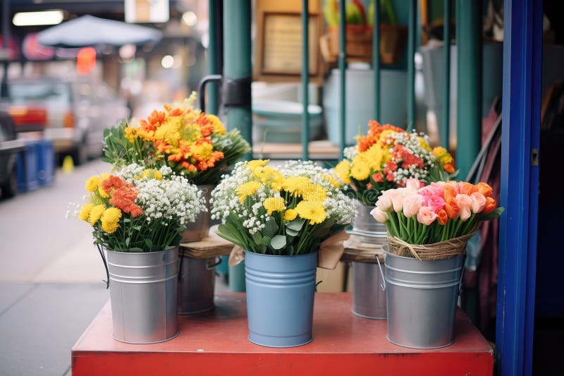 Fresh Cut Flowers Arranged in Buckets for Sale Stock Image - Image of ...