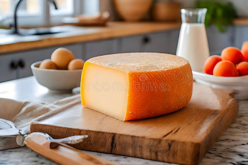 A Fresh Cut of Mahon Cheese Displayed Elegantly in a Modern, Sunlit ...