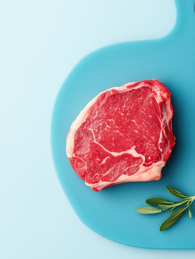Fresh Cut Meat Resting on a Blue Chopping Board with Herbs in a Kitchen ...