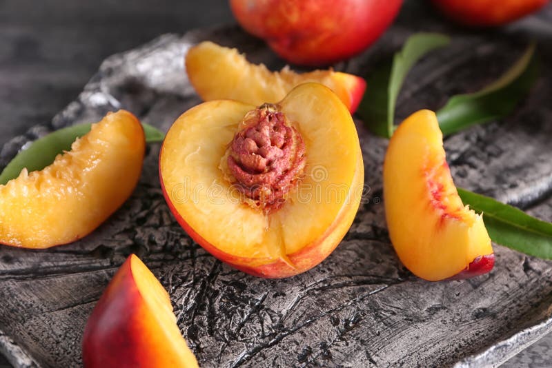Fresh Cut Peaches on Plate, Closeup Stock Image - Image of sliced ...