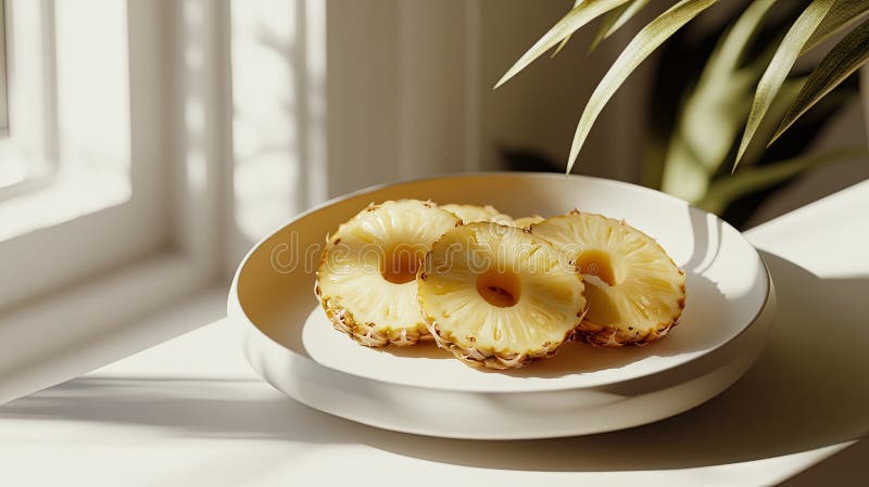Fresh-cut Pineapple Rings on a Neutral Ceramic Dish, Bright Stock Image ...