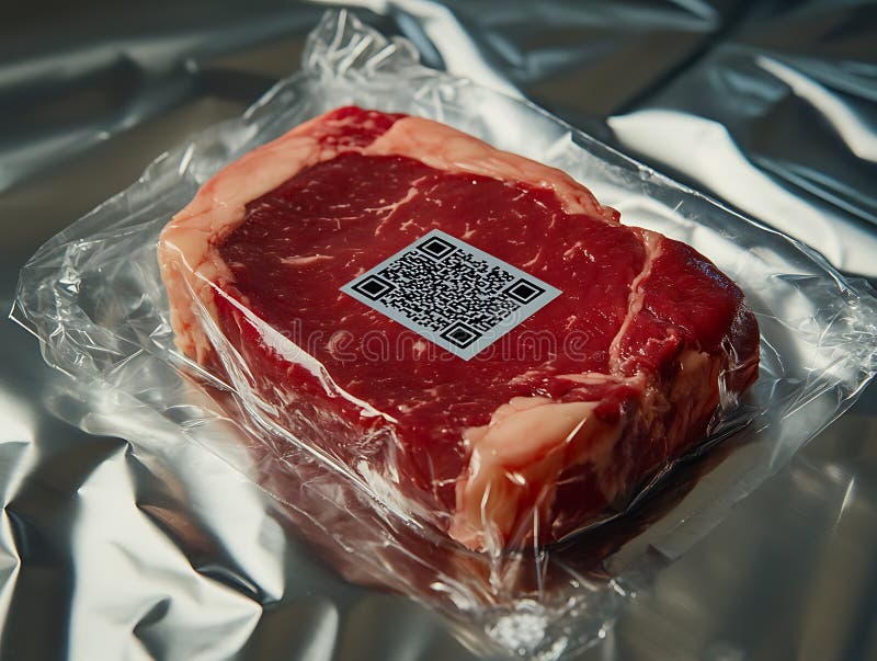 Fresh Cut Raw Beef Steak Packaged with a QR Code Label Stock ...