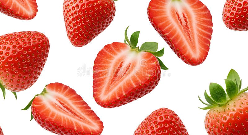 Fresh Cut Strawberries Scattered on a White Background, Vibrant and ...