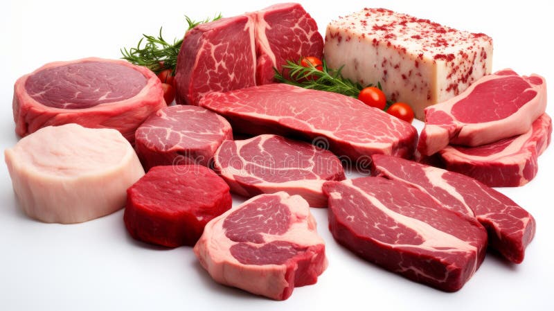 Fresh Cuts of High-quality Beef Assortment on a White Surface with ...
