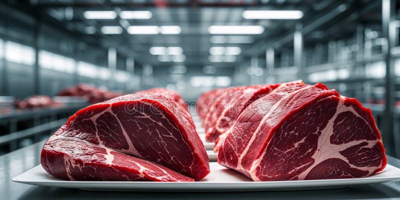 Fresh Cuts of Meat Arranged on Plates in a Processing Facility Stock ...