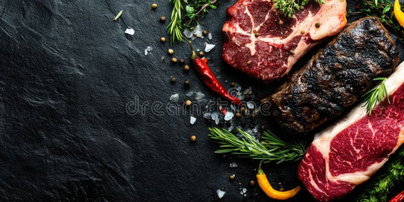 Fresh Cuts of Meat on Black Slate Surface with Herbs and Spices for ...