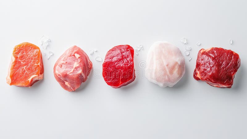 Fresh Cuts of Meat Displayed on Clean Surface, Showcasing Various Types ...