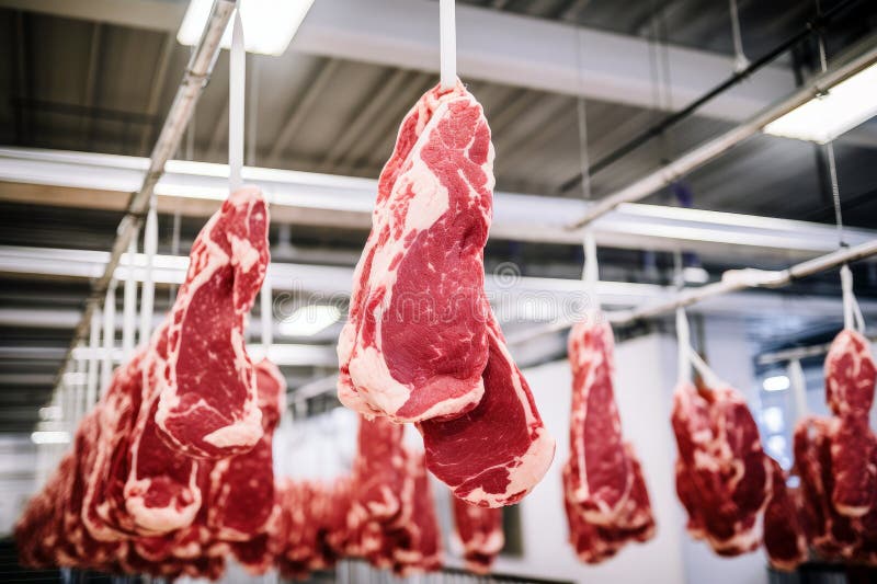 Fresh Cuts: Meat Hanging on Hooks in Storage Stock Illustration ...